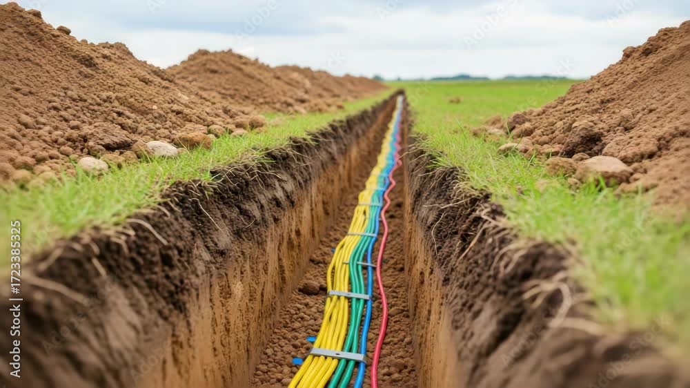 Cables in trench displays underground wires for communication and power ...