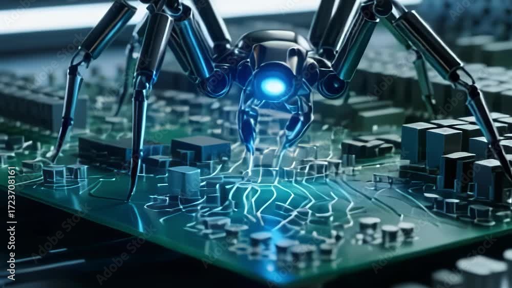 Robot spider repairs circuit board in high-tech lab setting with ...
