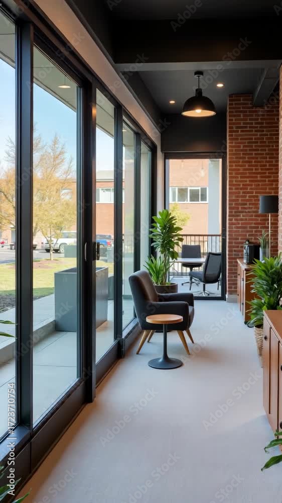 Modern office corridor with plants and large windows for career ...