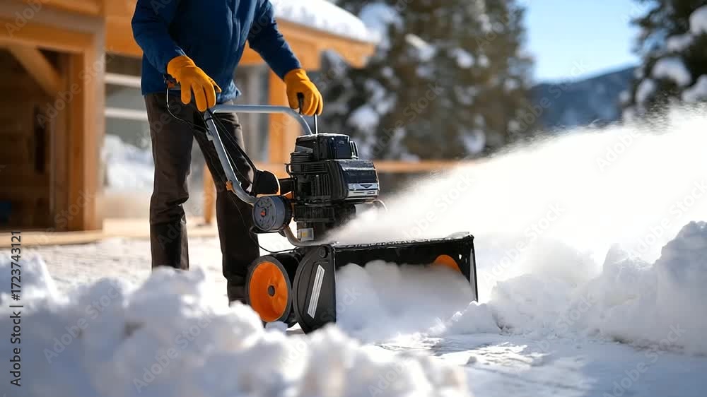 Homeowner using snowblower on driveway roaring engine powdery snow ...