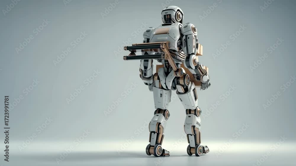 Futuristic humanoid robot carrying stack of cardboard boxes with ...