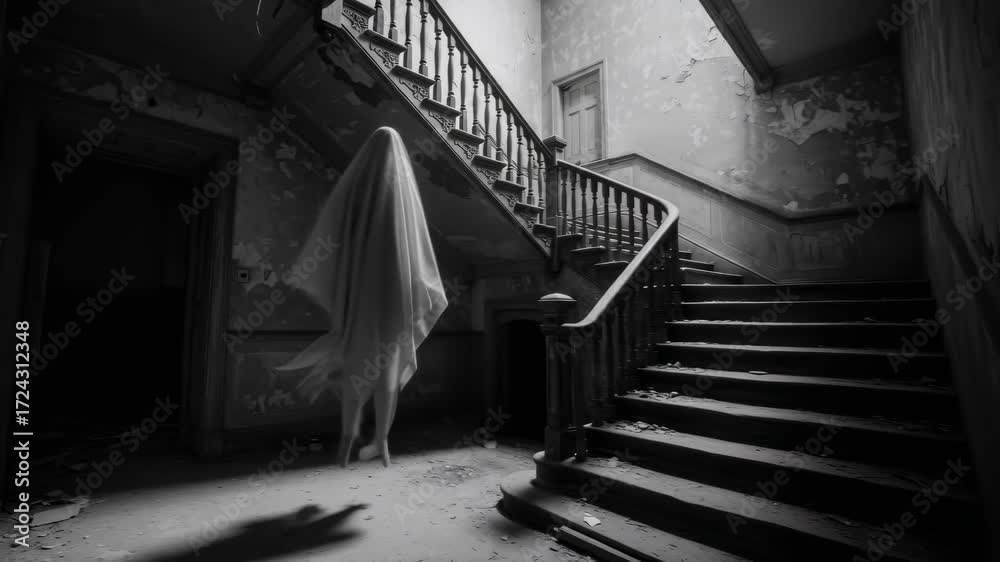 White ghost moving through a dark, old, and scary abandoned mansion ...