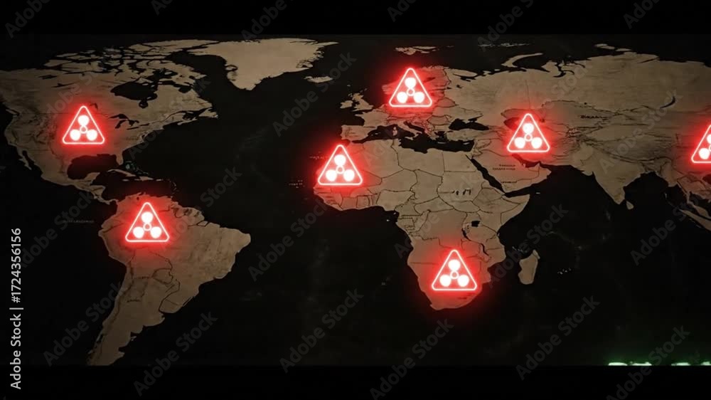 World map with nuclear hazard symbols indicating potential danger zones ...