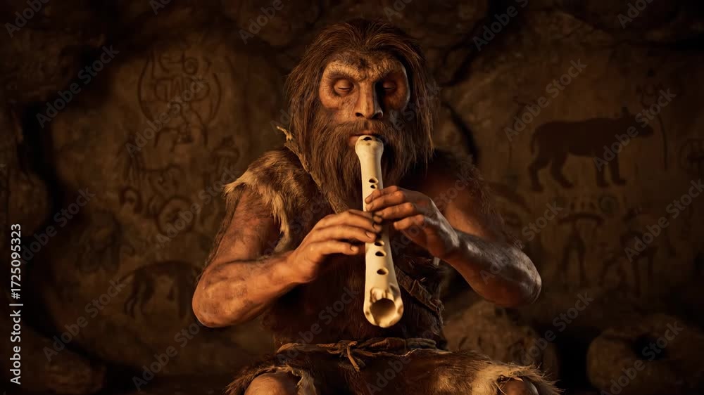 Neanderthal individual, dressed in animal fur, playing a primitive bone ...