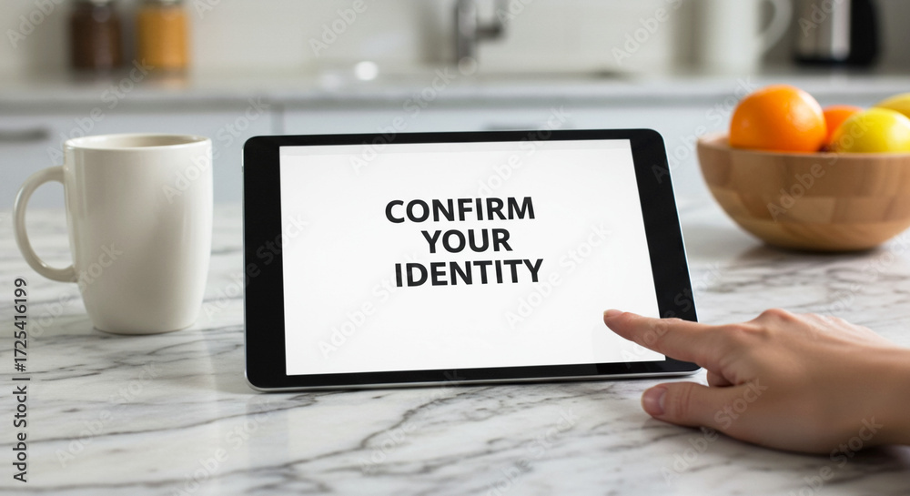 Identity verification request on screen tablet with confirm your ...