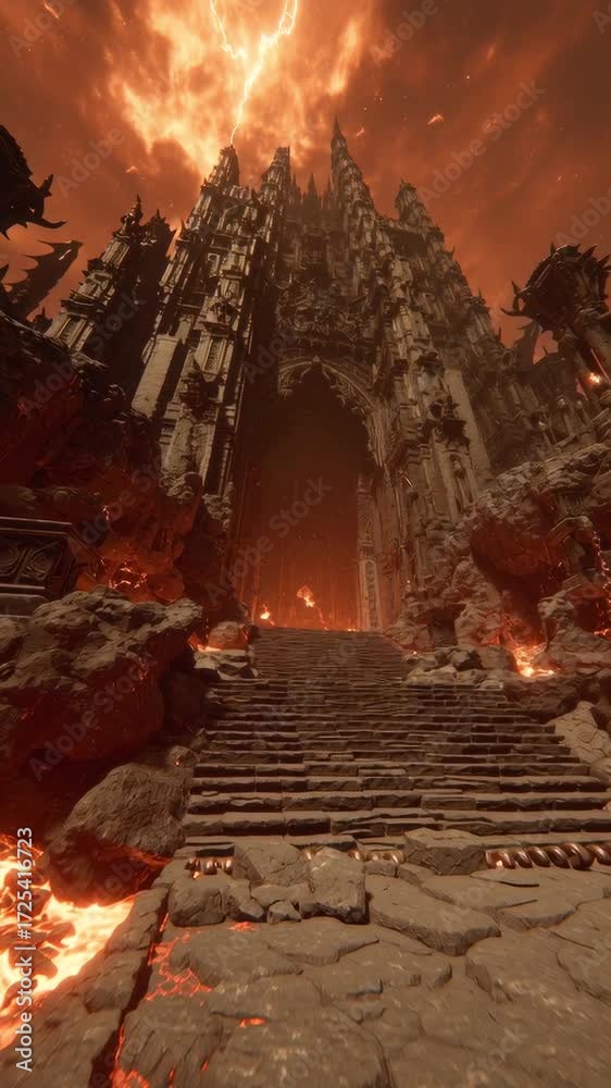 A grandiose hellish temple, Gothic architecture, towering columns, a ...