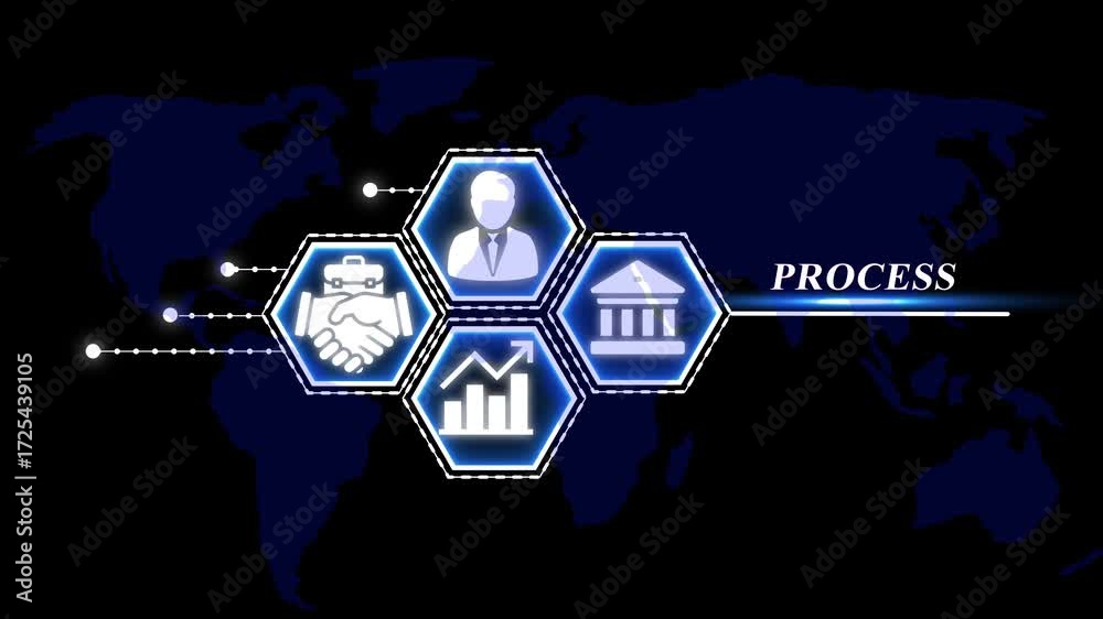 Global business process flow chart with handshake graph and bank icons ...
