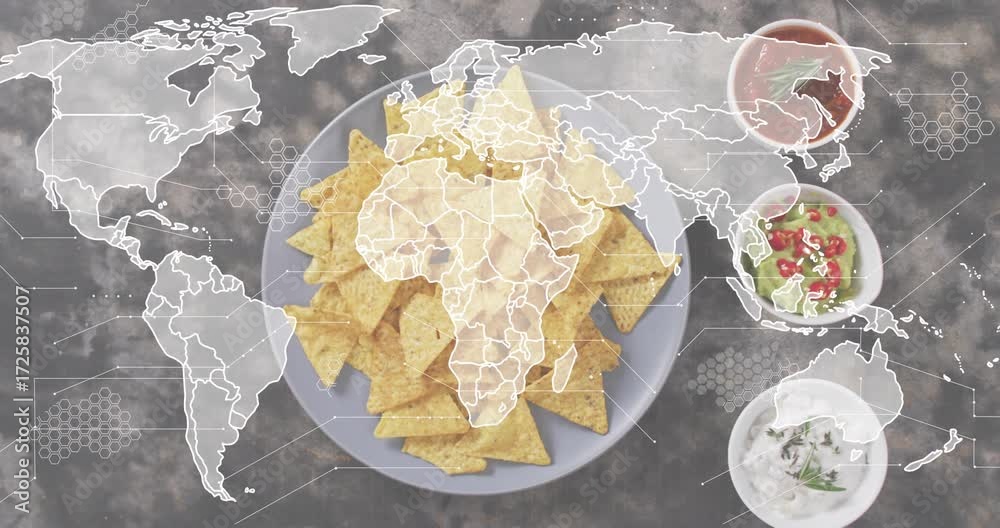 Chips sparking wireframe map emerging with hex patterns linking ...