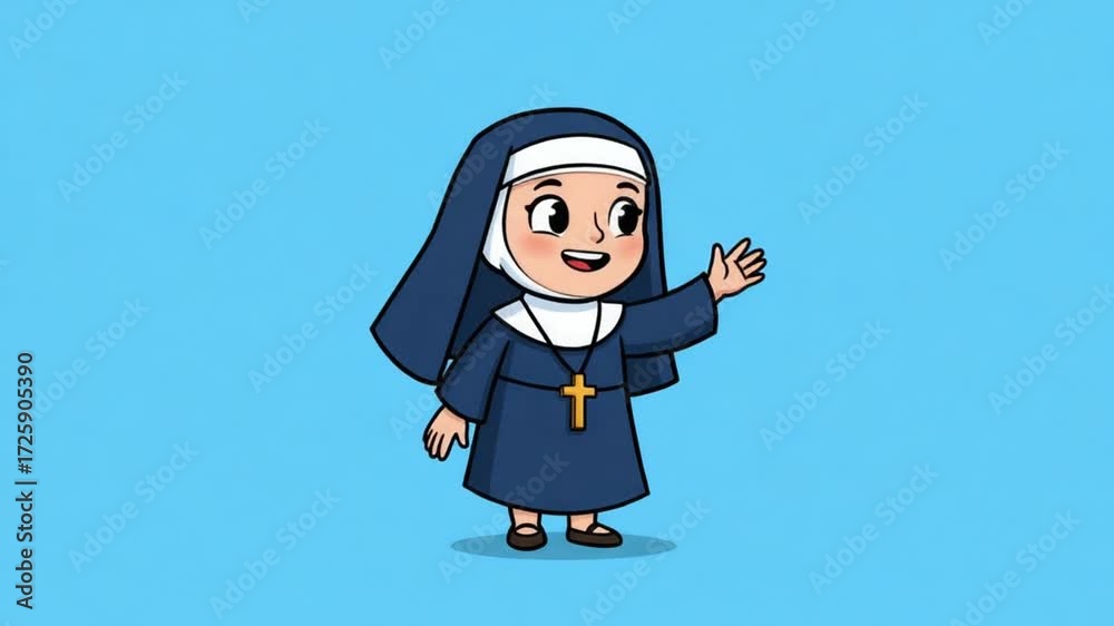 Cute 2D Animated Catholic Nun Character Waving and Welcoming, Friendly ...