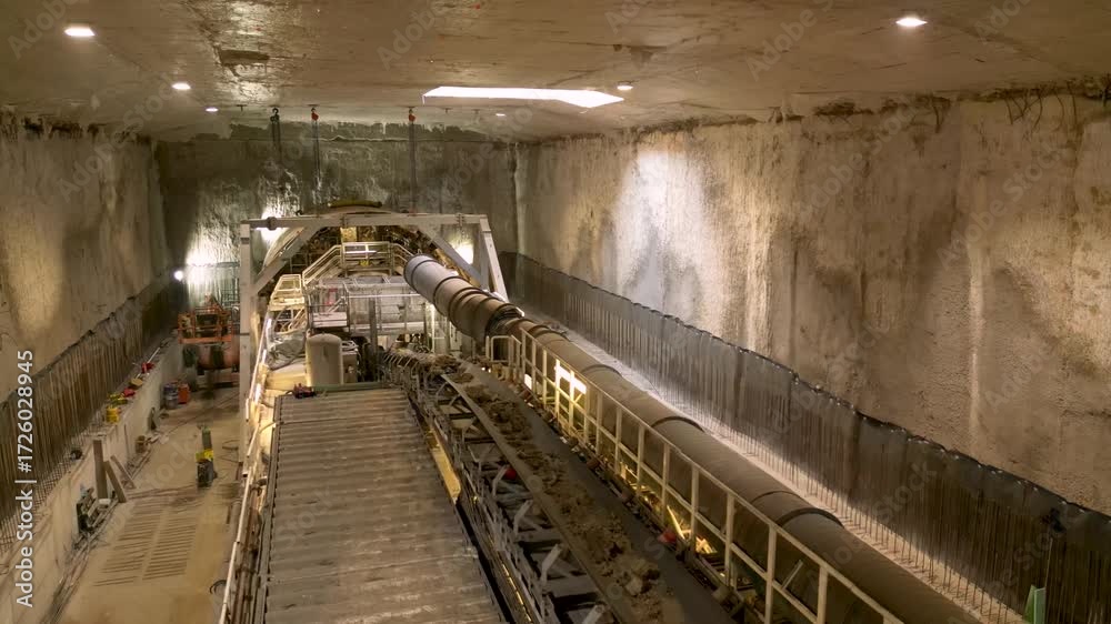 Civil engineering tunnel excavation with conveyor system carrying ...