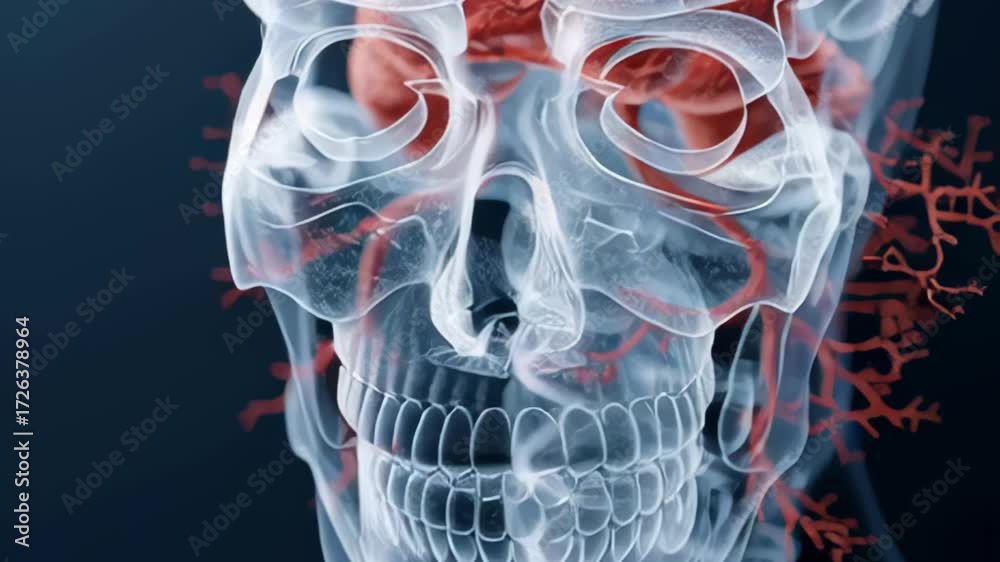 Skull anatomy with blood vessels and transparent bone structure ...