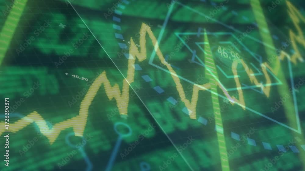 Green ticker scrolling starting chart drawing blue arc circling peak ...