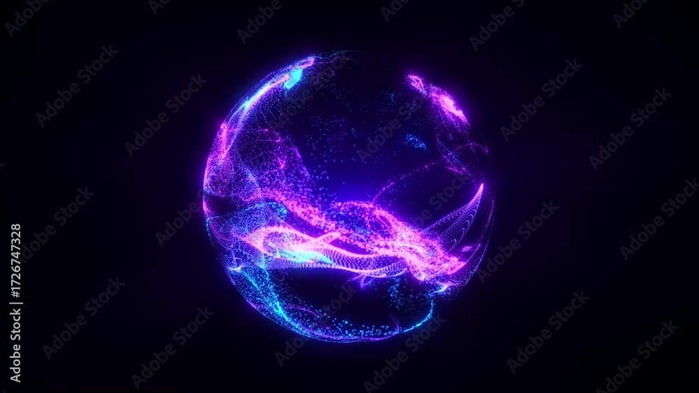 abstract glowing sphere composed of blue particles, dots, and waves of ...