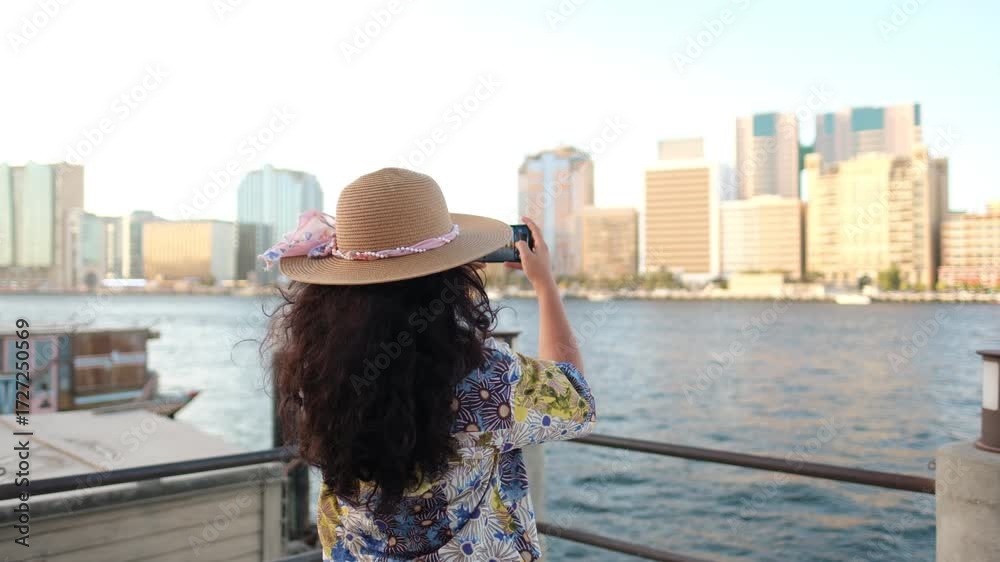 tourist woman taking photos of Old Dubai skyline and creek from Al seef ...