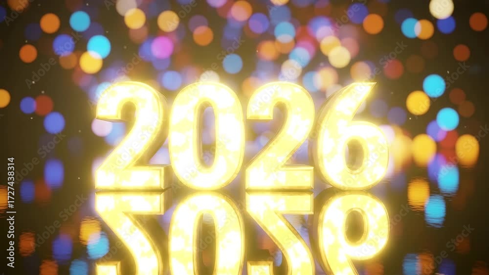 Glowing golden 2026 numbers reflected on wet surface with bokeh lights ...