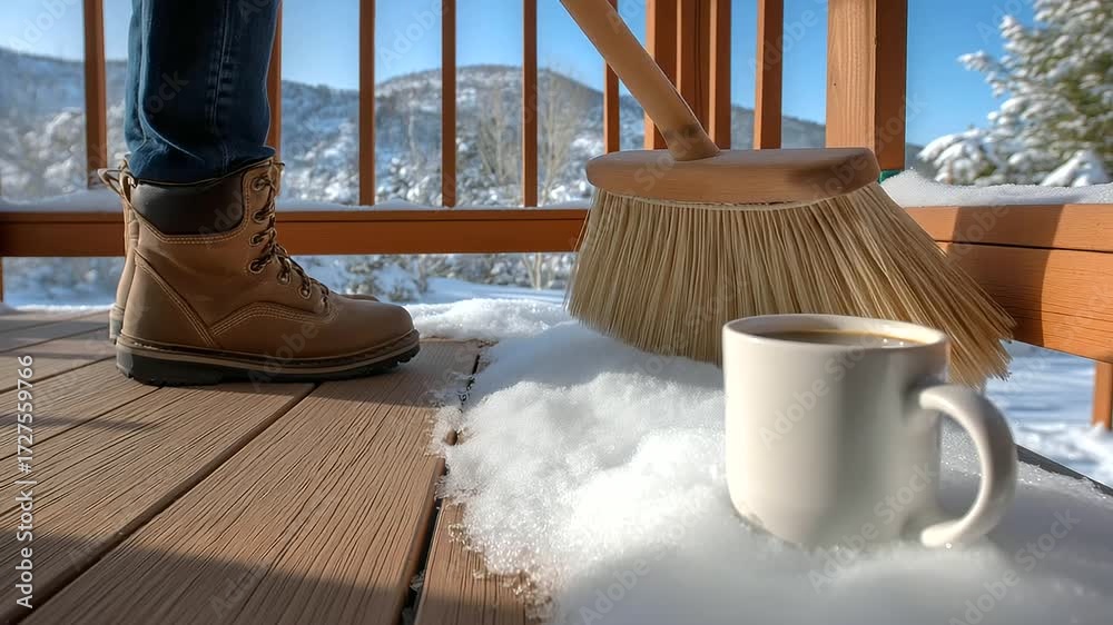 Video „A homeowner their boots crunching clears a deck with a broom its ...