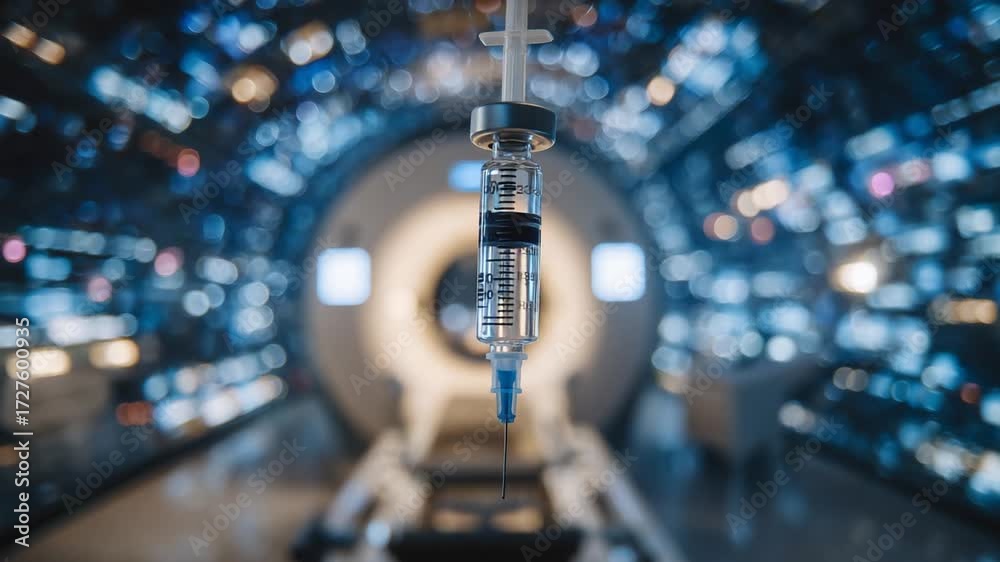 A striking overhead image captures a syringe and radioactive vial on a ...