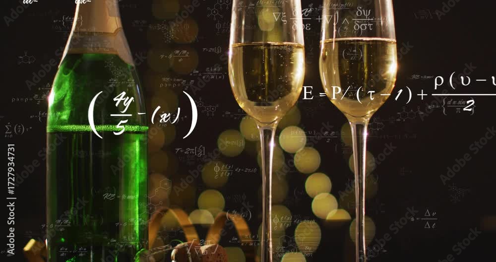 Formulas floating over bottle and flutes, camera zooming, bottle ...