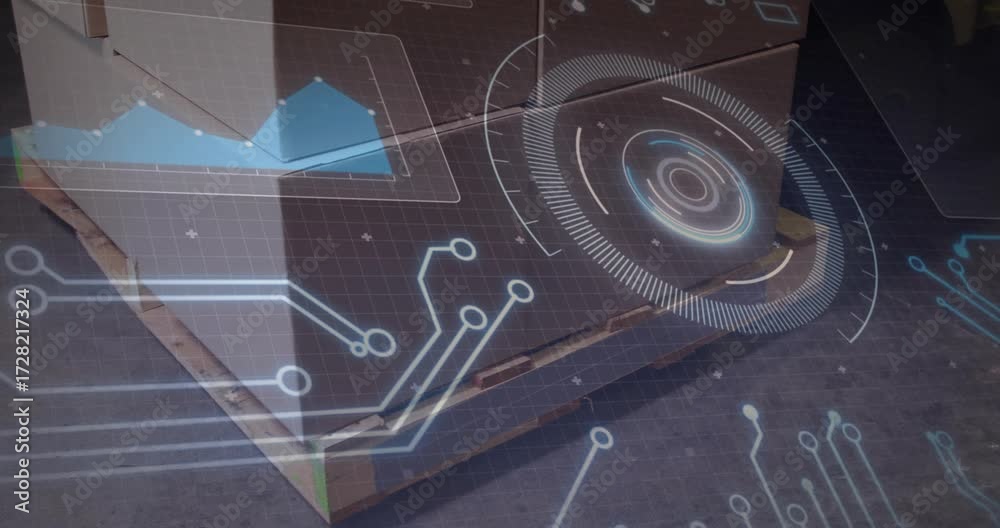 On HUD emerging over pallet scanning boxes, pulsing graph and expanding ...