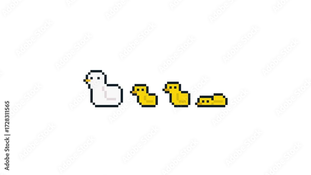 8-bit pixel art one baby duck falls while mother duck with ducklings ...