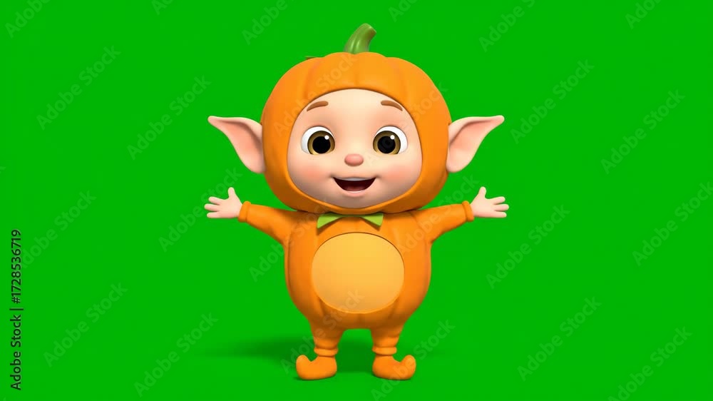 Cartoon Elf in Pumpkin Costume on Green Screen - A cheerful cartoon elf ...