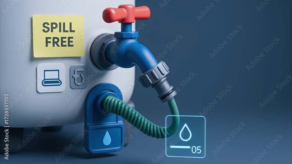 Spill free water connection with blue faucet and flexible hose attached ...