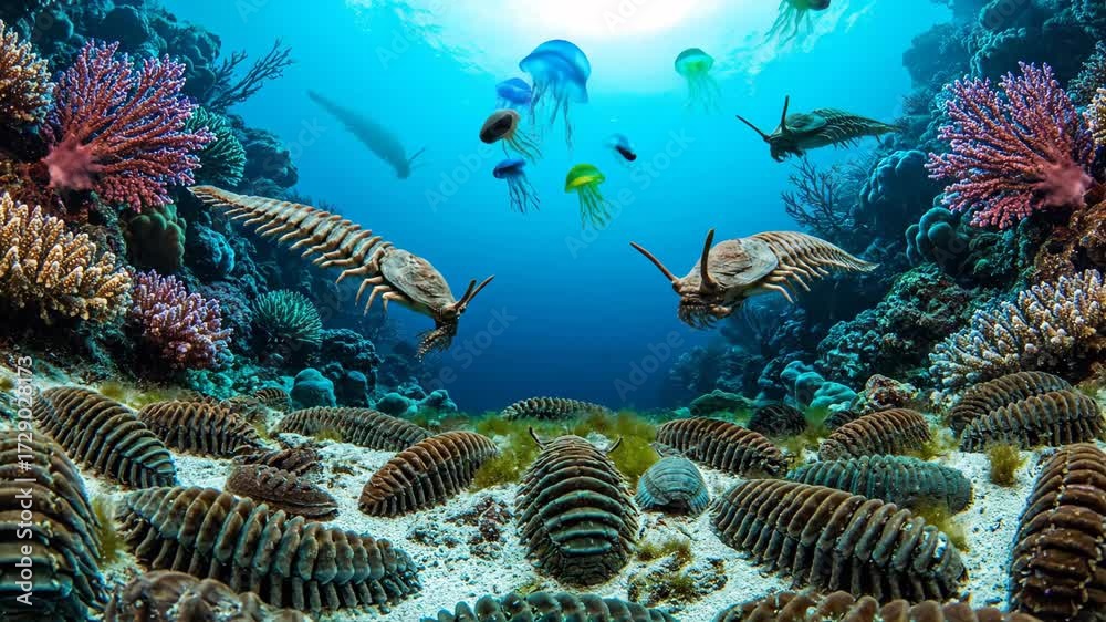 Ancient marine creatures like trilobites and anomalocaris inhabit a ...