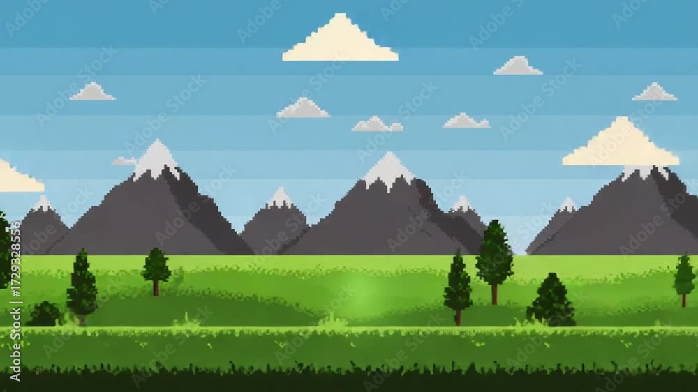 A peaceful green landscape with mountains in a pixel art style. This ...