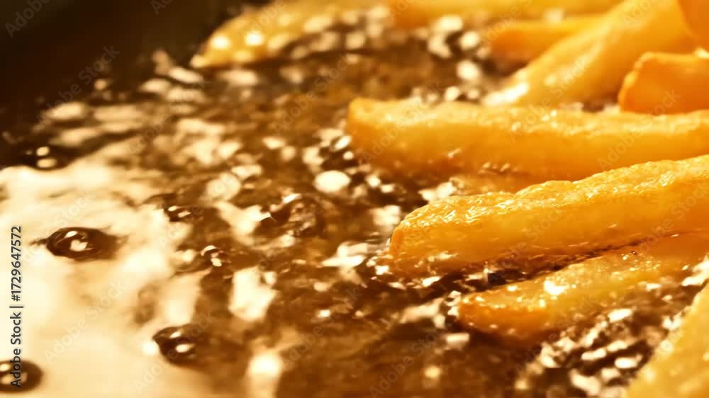 4k close-up captures golden french fries being deep-fried in hot oil ...