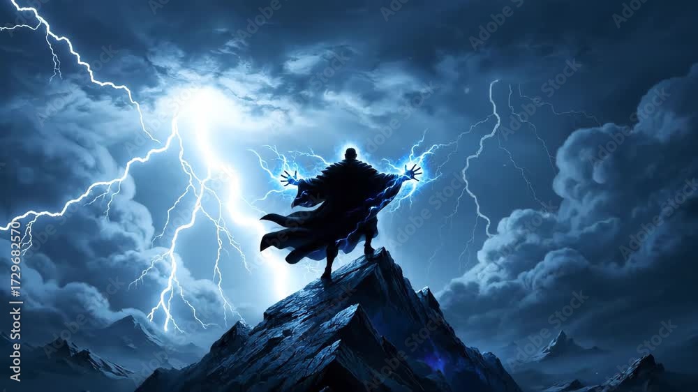 Powerful sorcerer channeling electric energy atop mountain peak in a ...