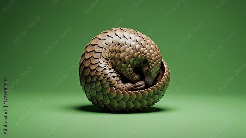 Pangolin curled up in a ball on green backdrop, a fascinating animal ...