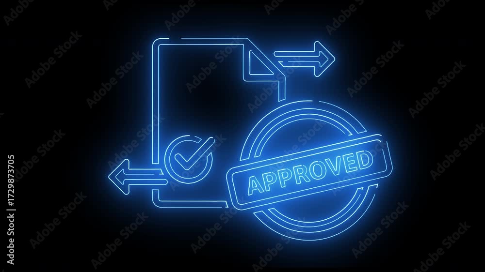 Neon Blue Approved Stamp and Document Icons with Check Mark on Black ...