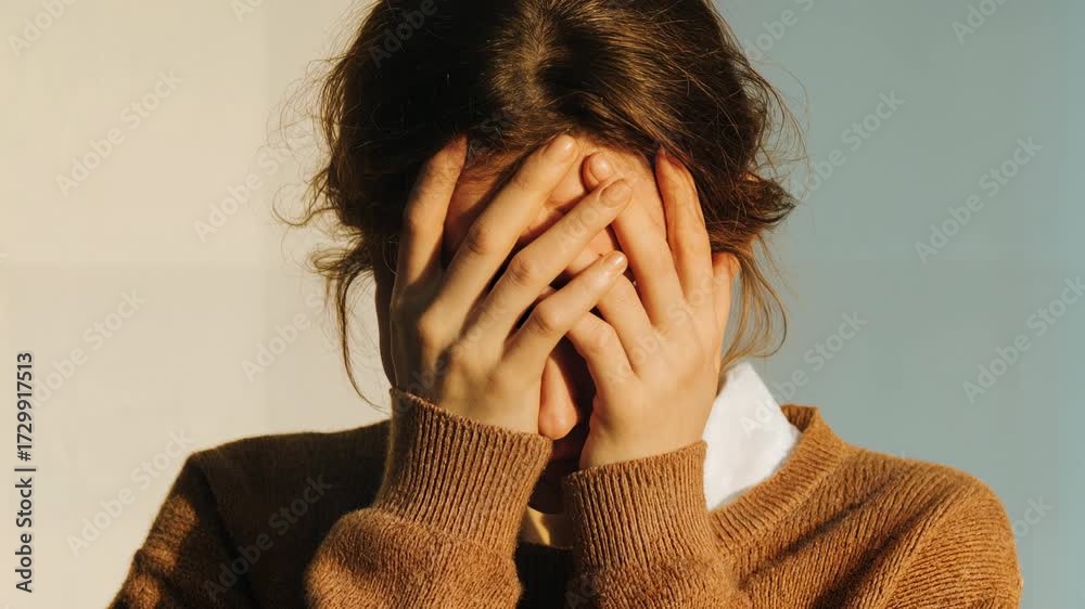 Shy girl hides her face with sweater sleeves, intimate mood and fragile ...