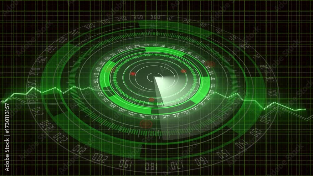 Green circular radar screen with oscilloscope waveforms and grid lines ...