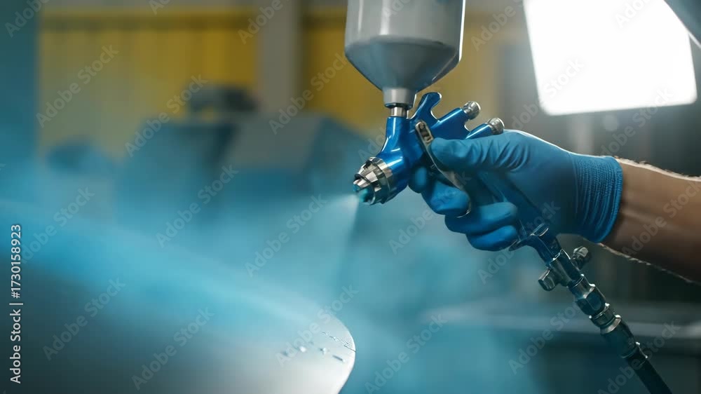 Using Blue Spray Paint Gun to Apply Paint on a Surface During the ...