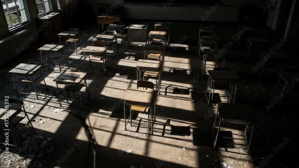 Empty classroom with desks and chairs bathed in sunlight, abandoned ...