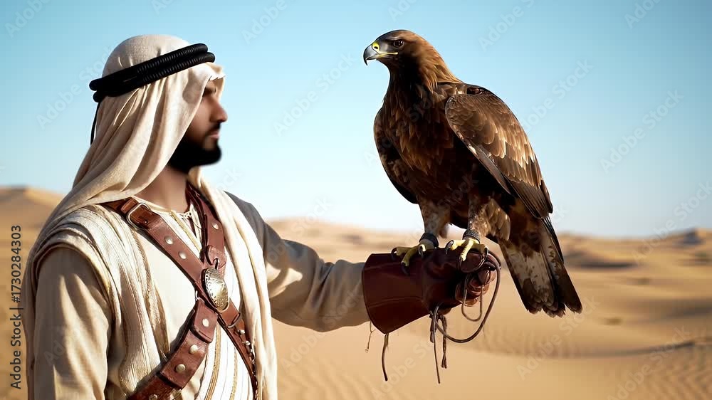 Arab Man with Golden Eagle in Desert Landscape Featuring Traditional ...