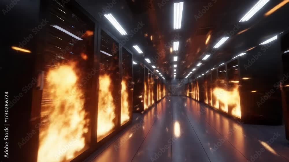 Burning server room shows technology failure with flame in datacenter ...
