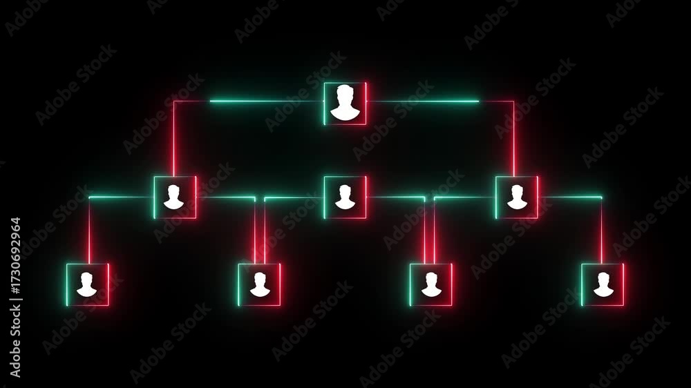 Dual Neon Red and Blue Digital Organizational Chart with Human Icons ...