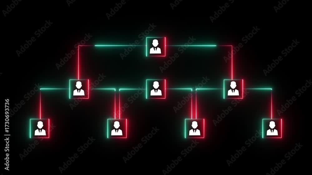 Dual Neon Red and Blue Digital Organizational Chart with Human Icons ...