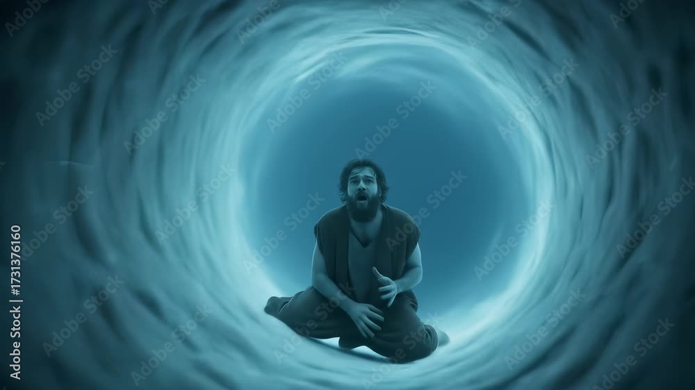 Surreal Scene of a Man Trapped in a Glowing Blue Vortex Experiencing ...