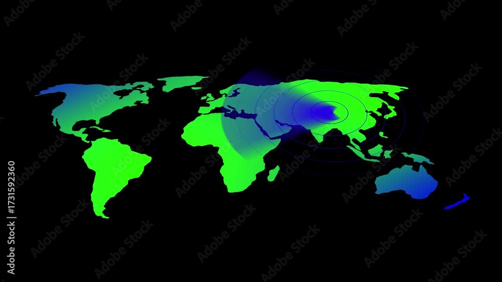 Animated world map radar scan australia green blue gradient black ...