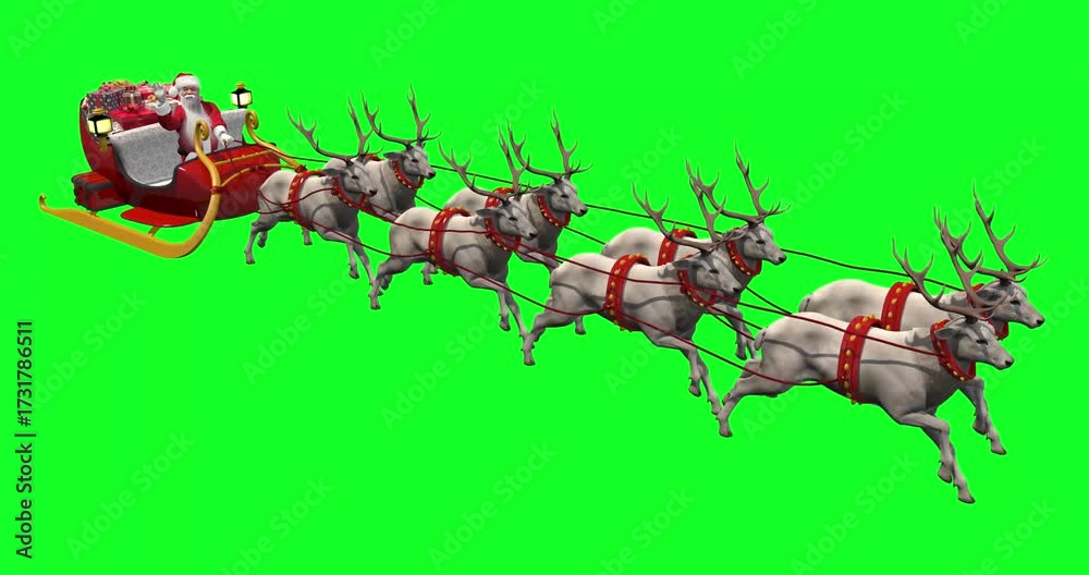 Santa Claus riding sleigh pulled by eight reindeer with gifts ...