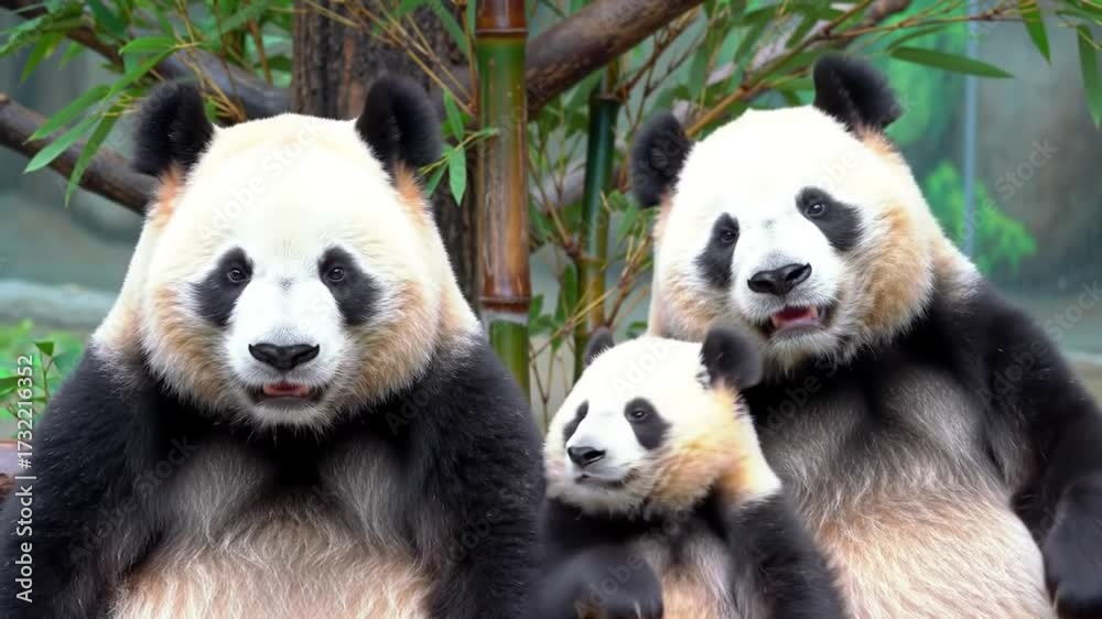 A heartwarming family of giant pandas, including two adults and a ...