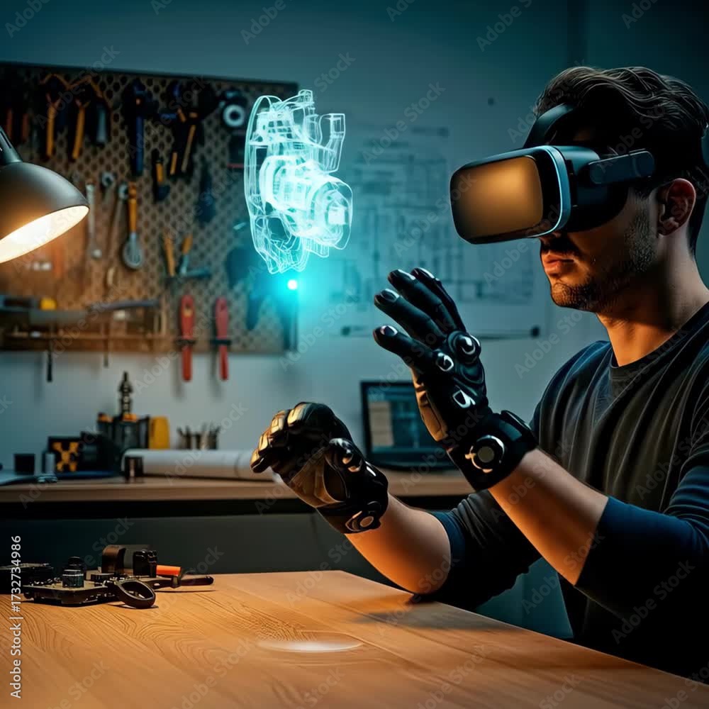 Engineer using virtual reality headset and haptic gloves to design a 3D ...