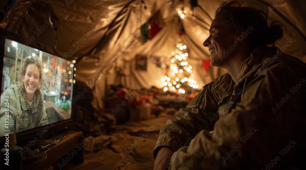 Touching photo of a soldier in a simple tent overseas, warmly smiling ...