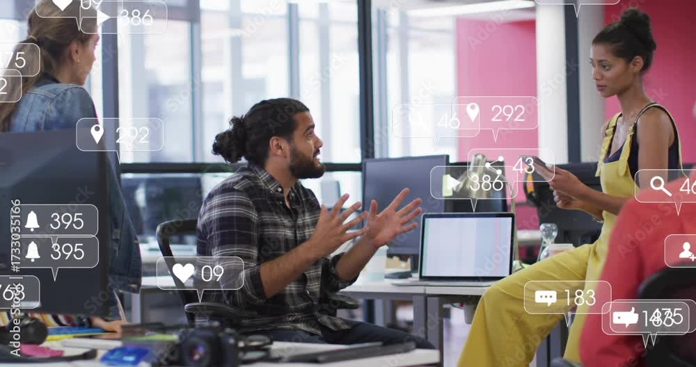 man starting explanation on KPIs with team watching animated marketing ...