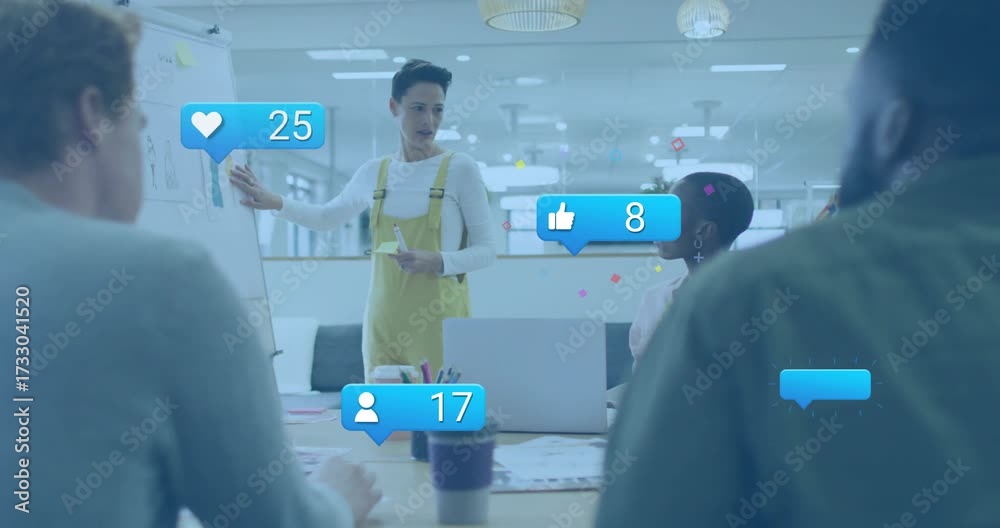 Female presenter pointing at chart and generating like, comment ...