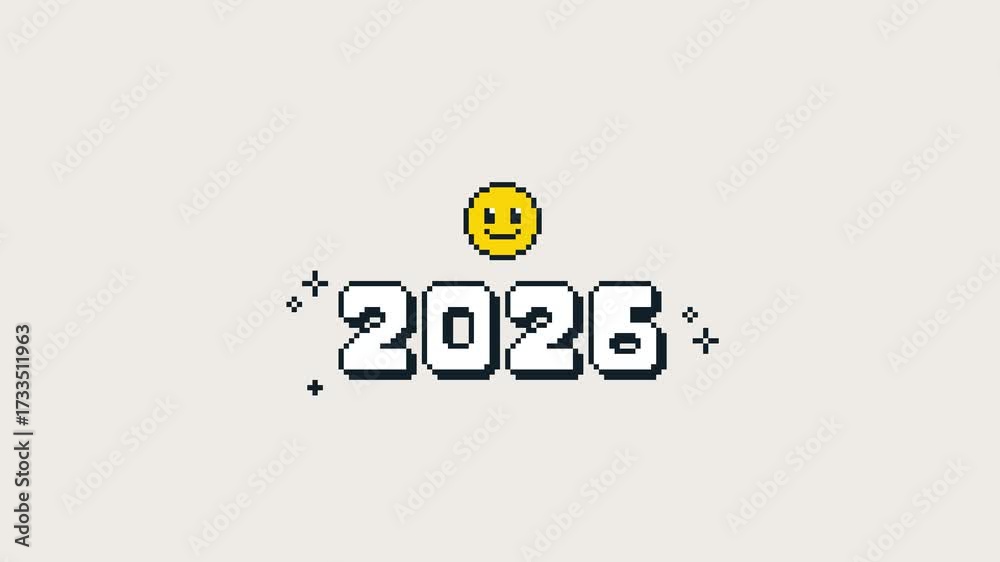 8-bit pixel art simple style 2026 text with smile icon. looped ...