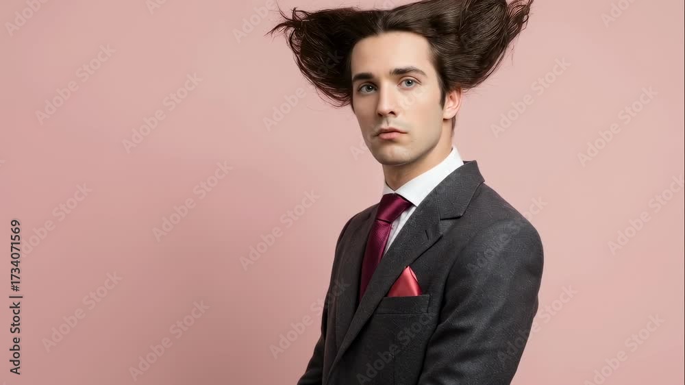 Man with wind blown hair in suit looking forward and to the side ...